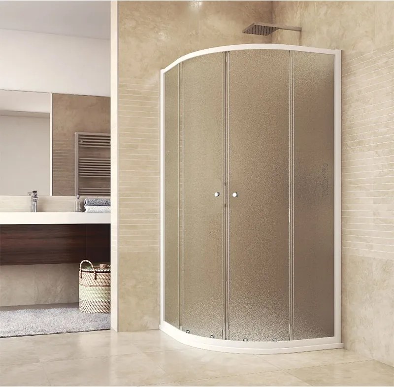 Sprchový set: sprchový kout, čtvrtkruh, 90x185 cm, R550, bílý ALU, sklo Chinchilla, SMC vanička (CK35124HN) Mereo