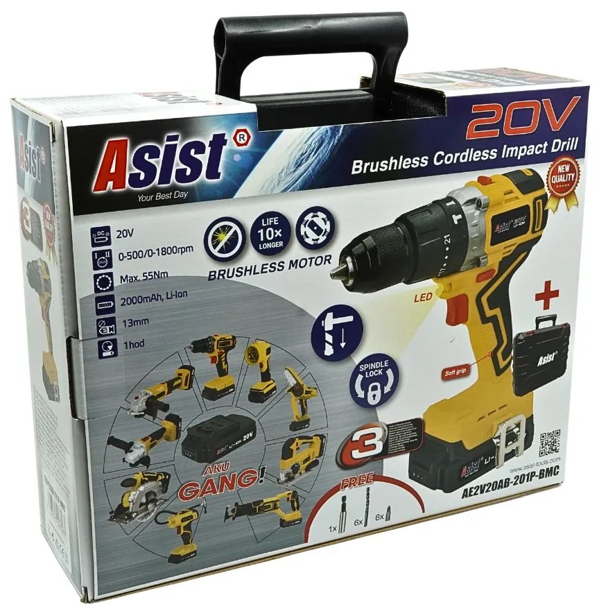 Asist AKU GANG AE2V20AB-201P-BMC AKU vrtačka s příklepem BRUSHLESS 20 V, 2,0 Ah START SET