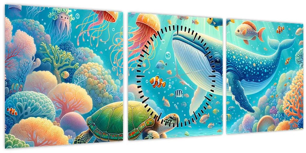 Obraz - Svět pod hladinou (s hodinami) (90x30 cm)