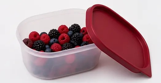 dóza na potraviny, s víkem, plast, 5x10x7,5 cm, průhledná/červená, Dekorino DP20260007