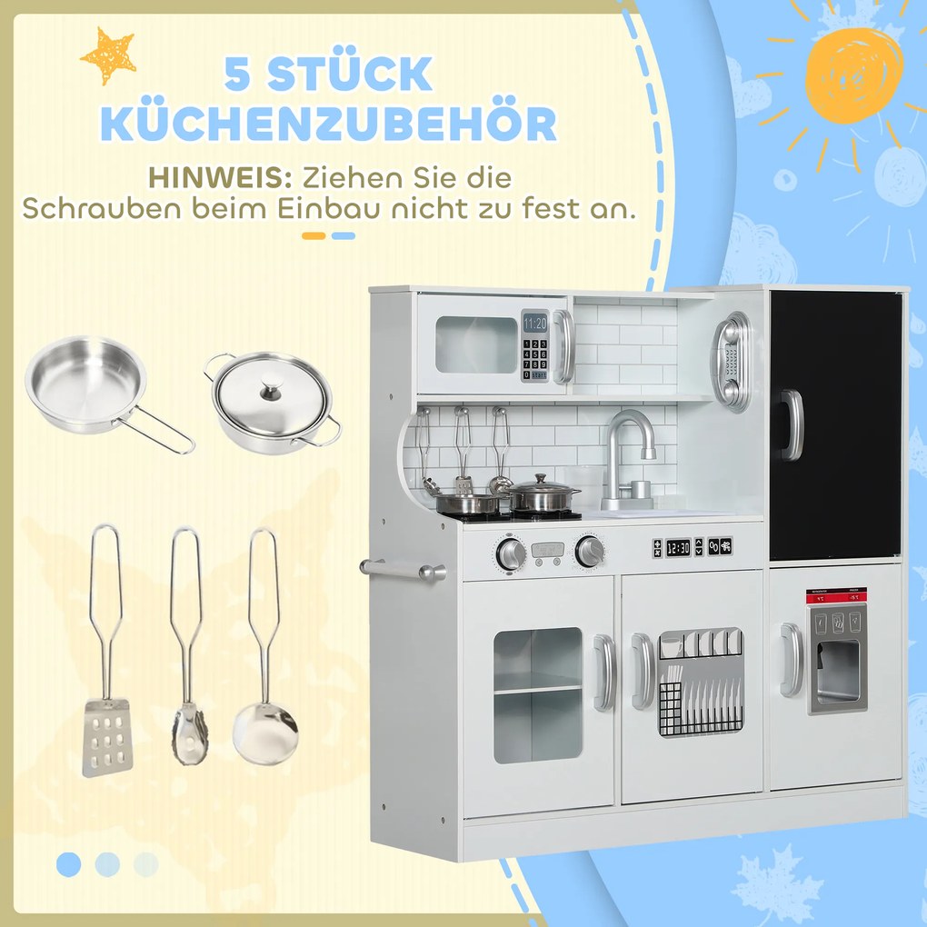 Dětská kuchyňka, hrací kuchyňka s telefonem, tabule, mikrovlnná trouba, sporák, dřez, příslušenství, výrobník kostek ledu, 3-8 let, bílá