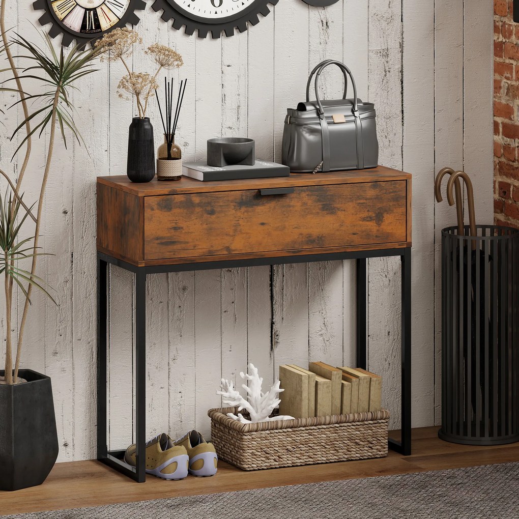 HOMCOM Konzolový stolek, předsíňový stolek s zásuvkou, průmyslový design, do předsíně nebo obývacího pokoje, 80x30x76 cm, černá