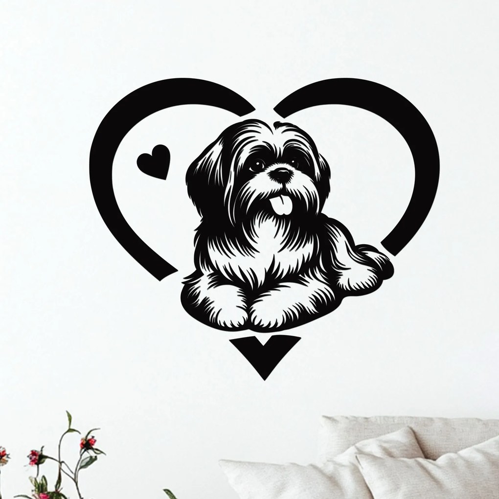 dřevo života Dřevěný obraz ležícího SHIH TZU v srdci Zvolte rozměr (cm): 60x52, Zvolte barvu dekoru: Ořech
