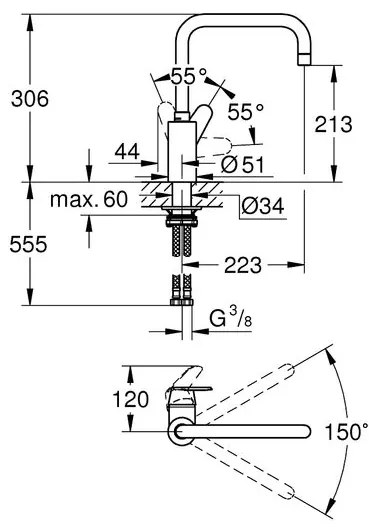 Grohe Eurodisc Cosmopolitan Páková dřezová baterie, DN 15 32259003