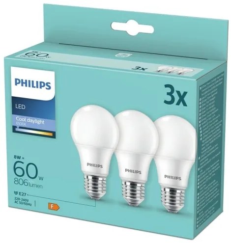 LED žárovky E27 Philips A60 8W (60W) studená bílá (6500K) 3ks