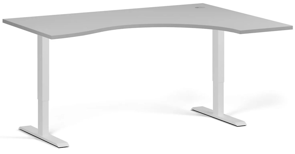 Ergonomický výškově nastavitelný stůl, 160x120 cm, 1 motor, L/P, bílá podnož, šedá