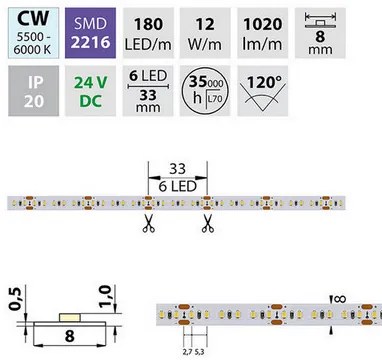 LED pásek McLED 24V studená bílá š=8mm IP20 12W/m 180LED/m SMD2216 ML-126.735.60.0