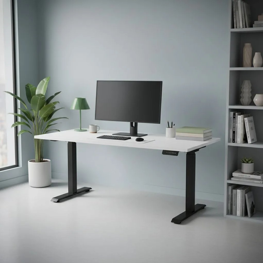 Výškově nastavitelný stůl OfficeTech C, 180 x 80 cm, černá podnož, bílá