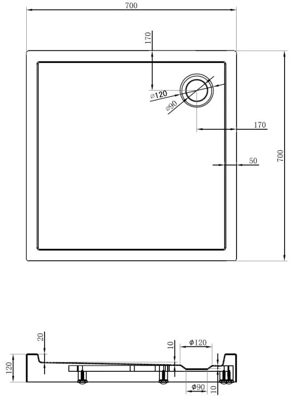 Mexen Flow+, čtvercová sprchová vanička 70 x 70 cm, bílá lesklá, 46S107070H