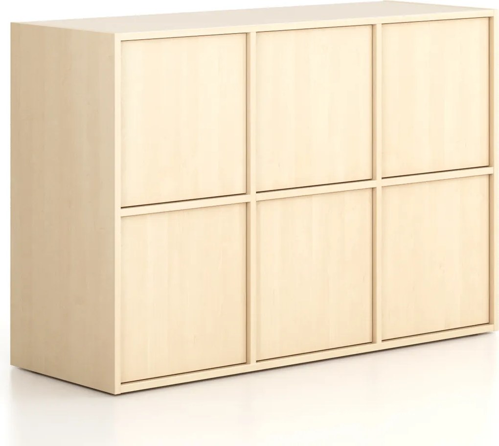 Kancelářská skříň FRAME, nízká, 6x dveře, 1299 x 450 x 881 mm, PUSH-lock, bříza