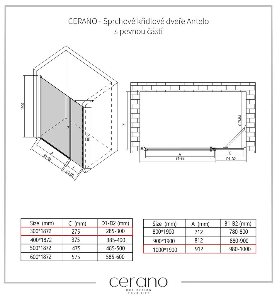 CERANO - Sprchové křídlové dveře Antelo s pevnou částí L/P - chrom, transparentní sklo - 100x30 cm