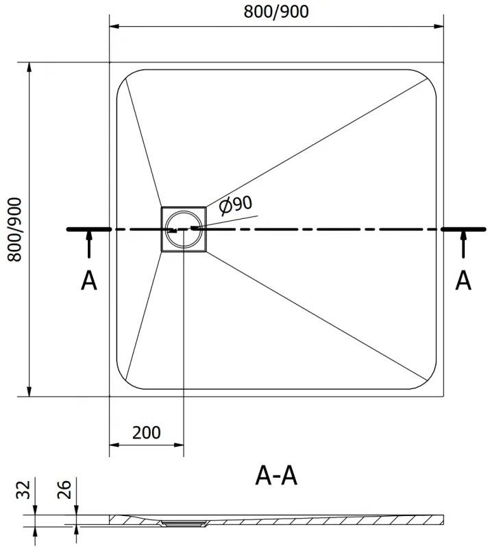 Mexen Bert, SMC čtvercová sprchová vanička 90 x 90 cm, šedá, 4K619090