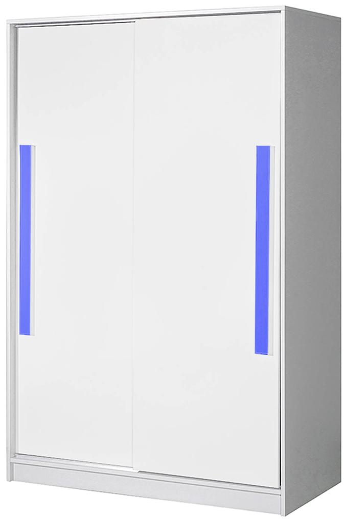 Šatní skříň s posuvnými dveřmi GULIVER 12 Domel 120/191/60 barva: bílý mat/popelový lesk/modré úchyty