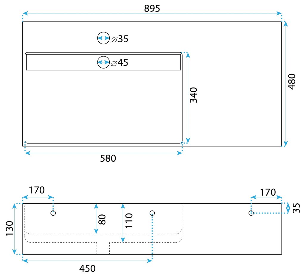Rea Archi, umyvadlo na desku z konglomerátu 900x480x130 mm, levá verze, šedá matná, REA-U4304