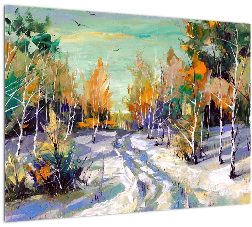 Skleněný obraz - Zasněžená cesta lesem, olejomalba (70x50 cm)