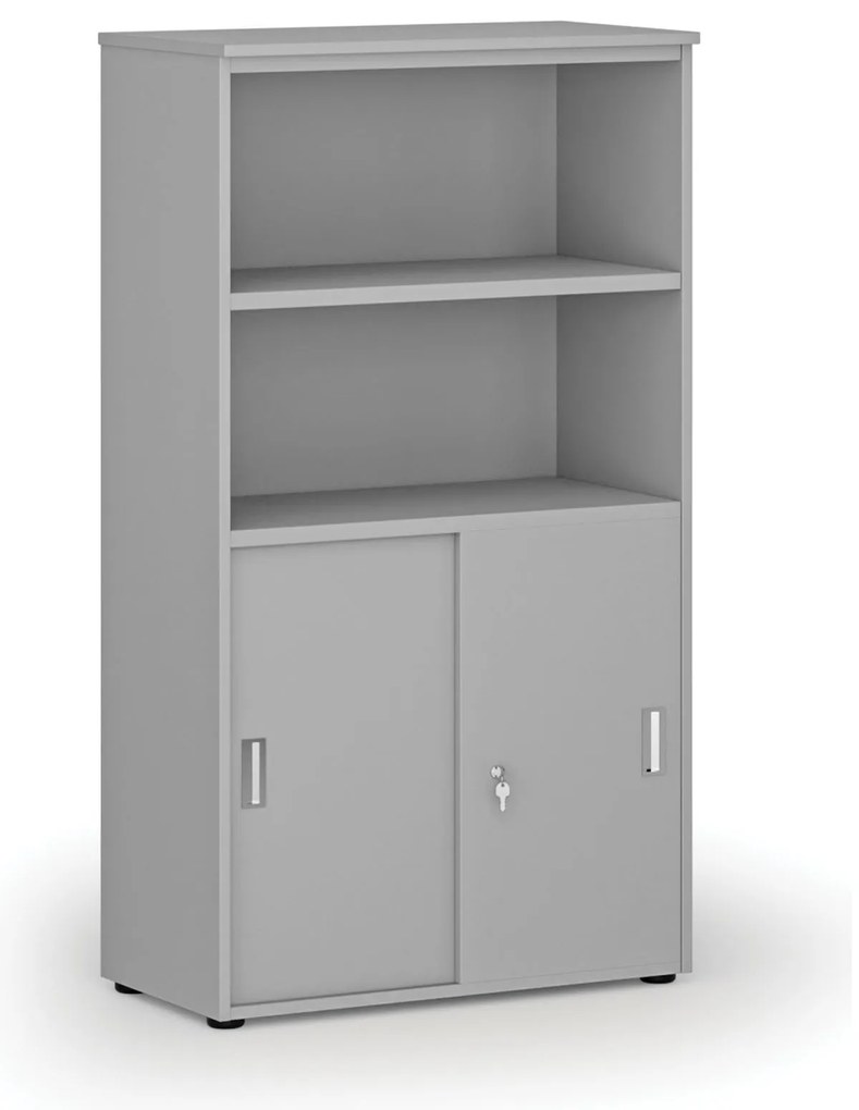 Kombinovaná kancelářská skříň PRIMO GRAY, zasouvací dveře na 2 patra, 800 x 420 x 1434 mm, šedá