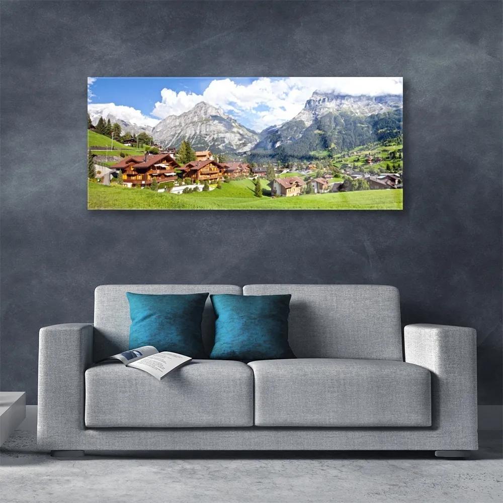 akrylový obraz Domy Hora Krajina 125x50 cm