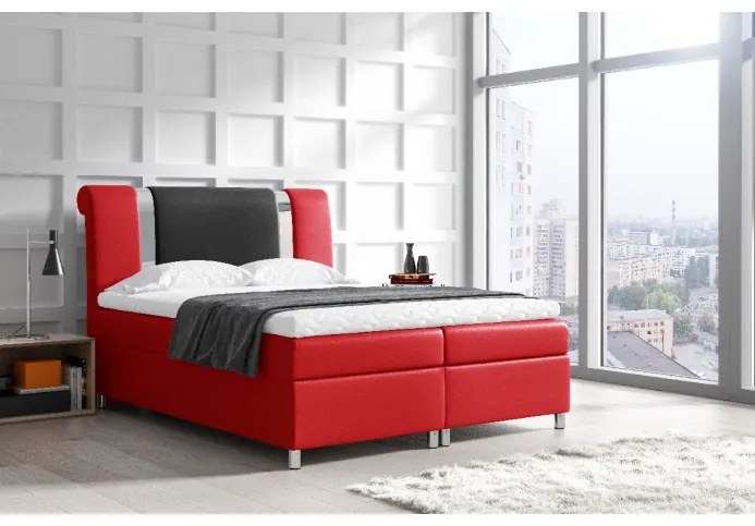 Moderní čalouněná postel Marika s úložným prostorem červená + černá eko kůže 180 x 200 + topper zdarma