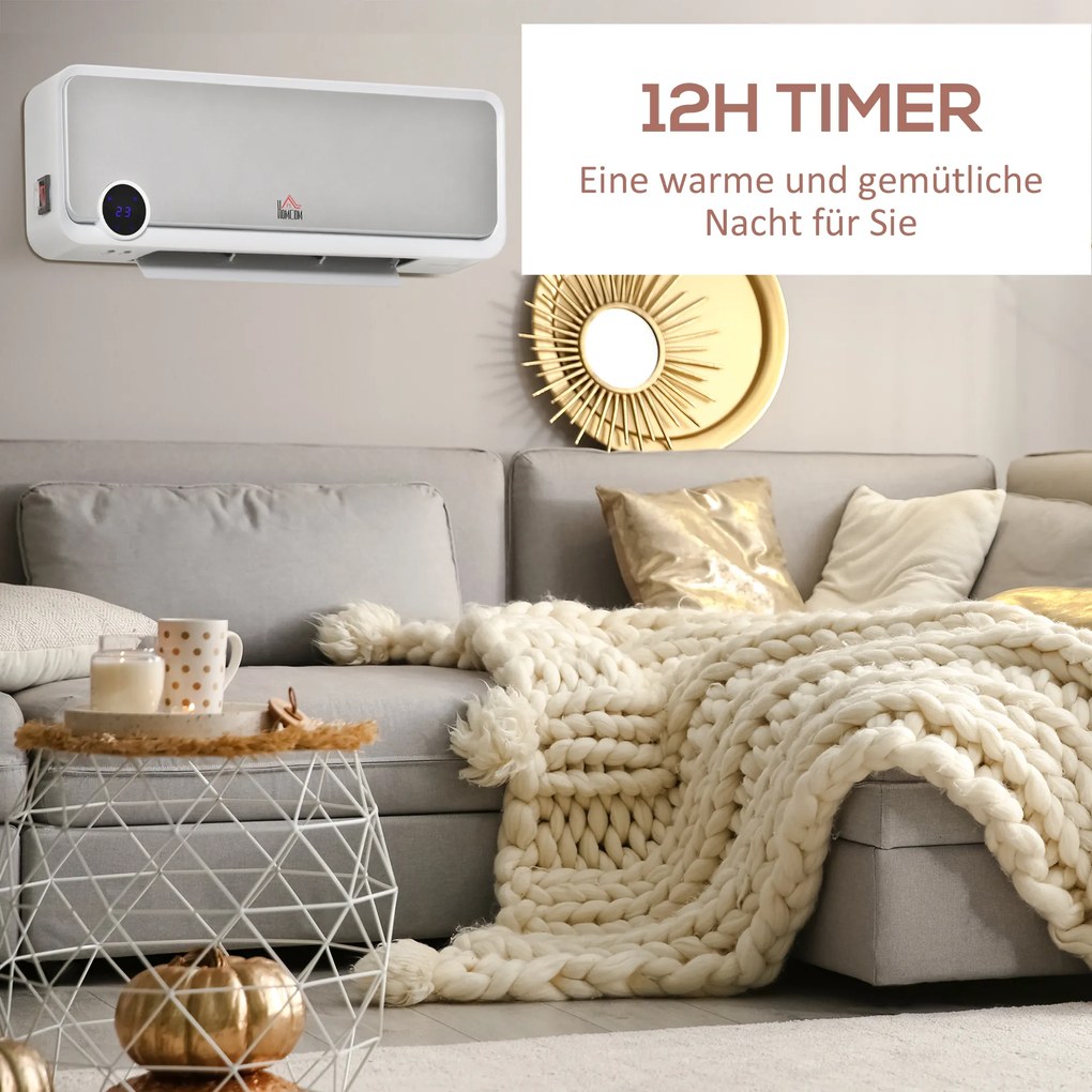 HOMCOM Topný ventilátor na stěnu 2000W s dálkovým ovládáním, 3 režimy provozu, LED displej, 12hodinový časovač 820-252V90