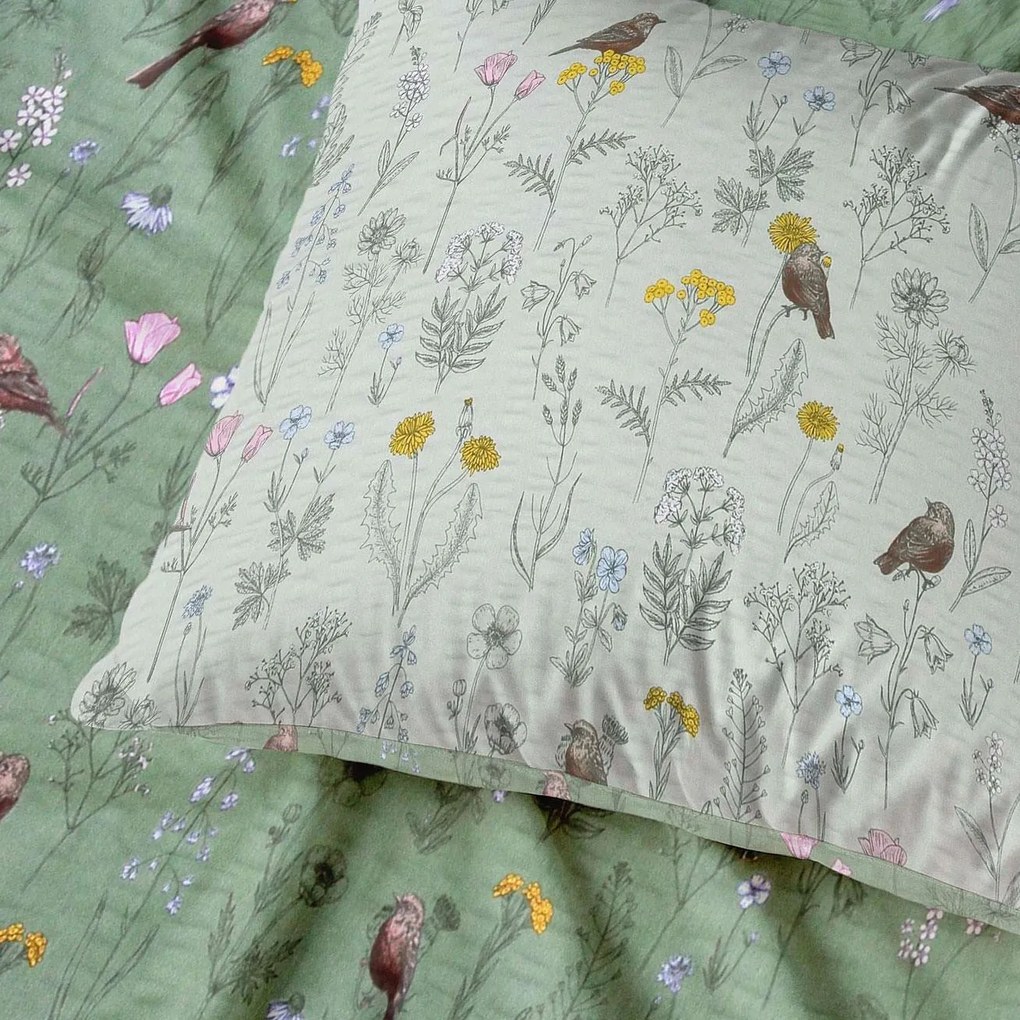 Krepové prodloužené povlečení Ptáčci v kvítí - zelené - duo Velikost: 140 x 220 + 70 x 90
