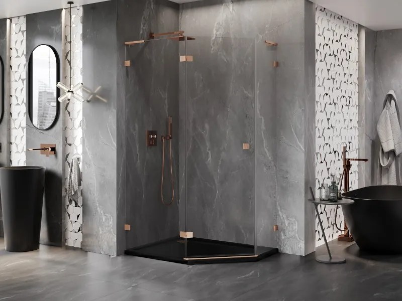 Mexen Lunar, L pětiúhelníkový sprchový kout naklápěcí doleva 100 x 80 cm, 8mm čiré sklo, profil měděná matná, 831L-100L-080P-65-00-L
