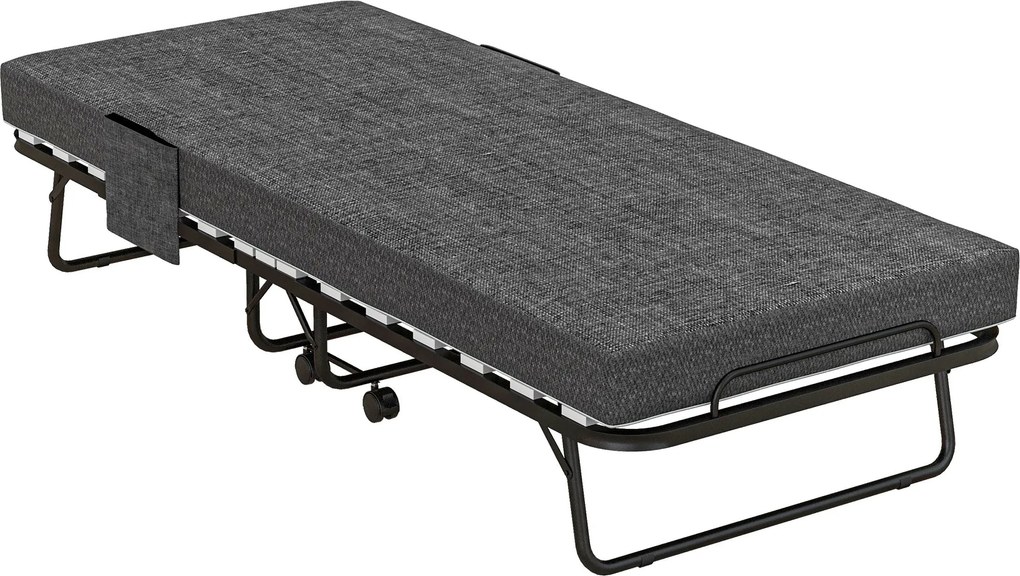 Skládací postel pro hosty HOMCOM s kolečky, matrace 10 cm, potah, cestovní postel s postranní kapsou Tmavě šedá 190 x 80 x 42 cm | Aosom