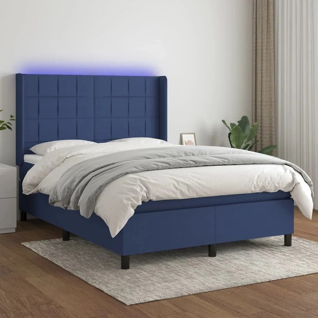 Box Spring Postel S Matrací A Led Textil Modrá Blok se čtverci 140 x 200