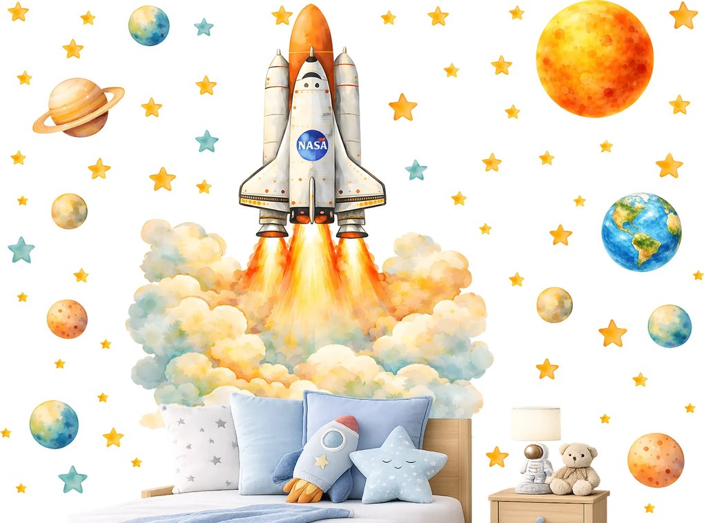 Kosmická raketa NASA textilní přelepitelná samolepka na zeď arch 38 x 46 cm
