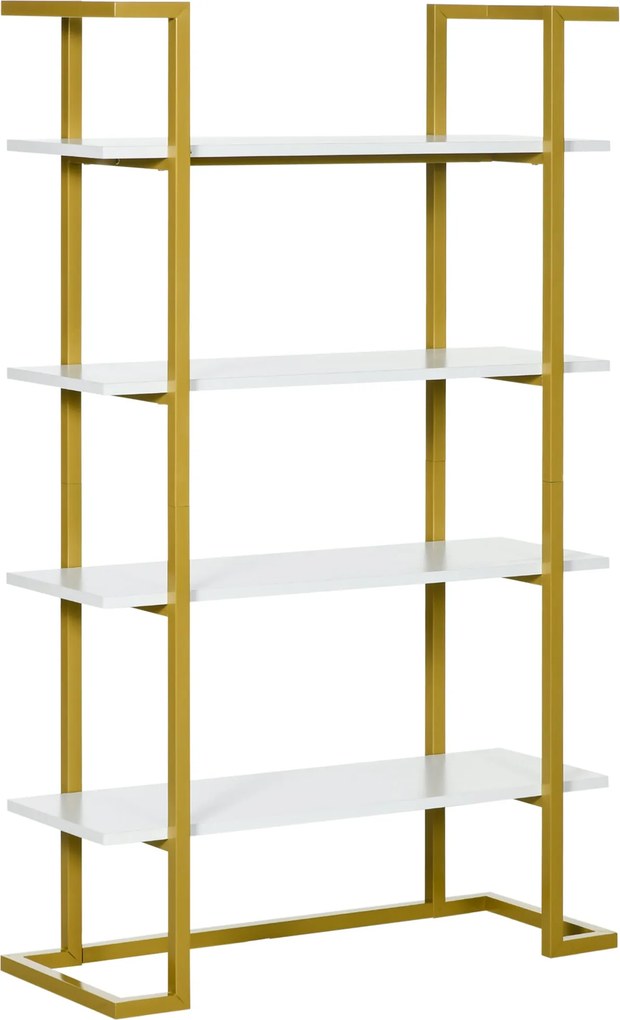 HOMCOM 4-úrovňová Vyvýšená a Víceúčelová Knihovna, MDF a Ocel, 92x35x152cm, Bílá a Zlatá | Aosom