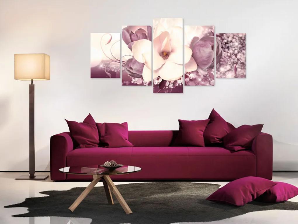 Obraz Fialová magnólie (5-dílný) - fialová kompozice s květinami