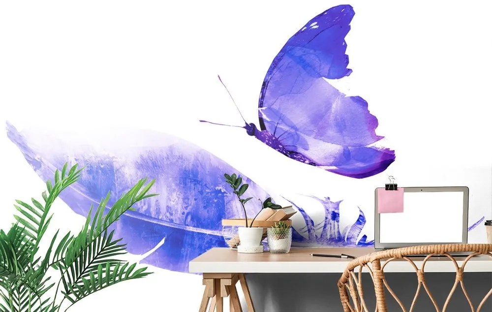 Tapeta pírko s motýlem ve fialovém provedení - 300x200 cm