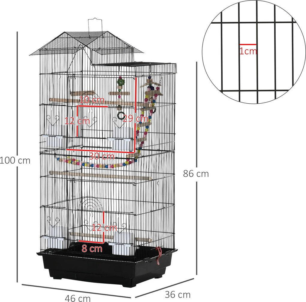 Ptačí klec PawHut s více dveřmi, 4 krmítky, 3 bidly, houpacím zařízením a odnímatelným tácem pro papoušky, kanárky a andulky 46x36x100 cm Černá