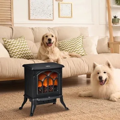 HOMCOM elektrický krb kamna s efektem plamene v retro stylu, termostat 750-1500 W, ochrana proti přehřátí, černá