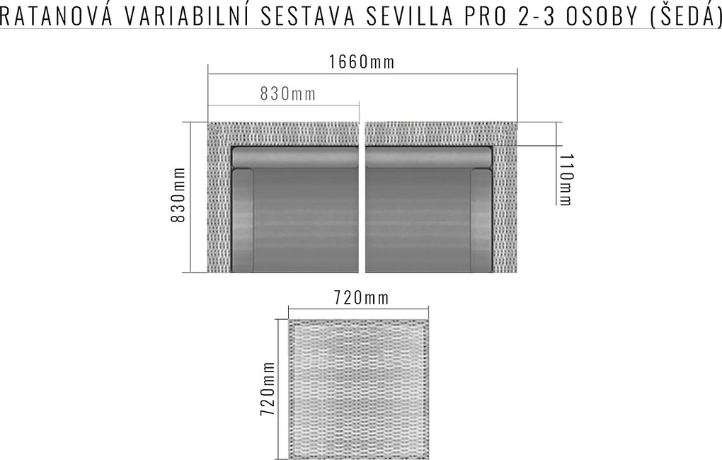 DEOKORK Ratanová variabilní sestava SEVILLA pro 2-3 osoby (šedá)