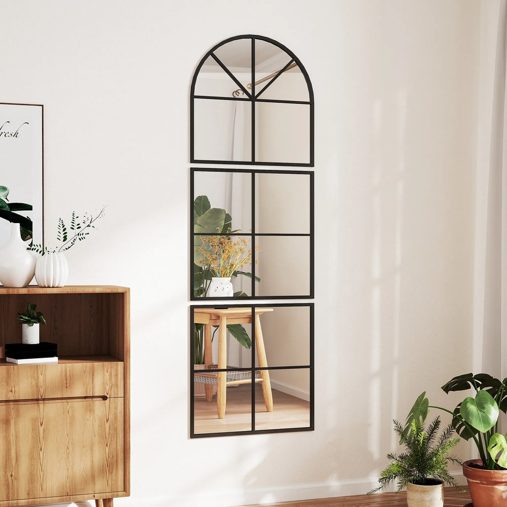 HOMCOM nástěnné zrcadlo 60 x 180 cm trojdílné, zakřivené zrcadlo s kovovým rámem, dekorativní visící zrcadlo, okno zrcadlo pro koupelnu a obývací pok…