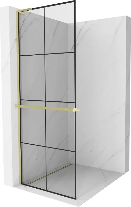 Mexen Kioto+ L, sprchová zástěna Walk-In s poličkou a věšákem 70 x 200 cm, 8mm čiré sklo černý vzor, zlatý matný profil, 800-070-123-55-77