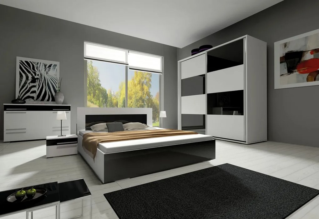 Ložnicová sestava KAYLA II (2x noční stolek, komoda, skříň 200, postel 180x200), bílá/fialová lesk