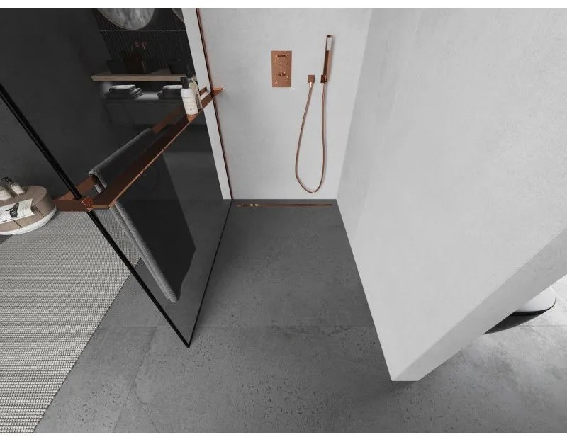 Mexen Kioto+ L, sprchová zástěna Walk-In s poličkou a věšákem 120 x 200 cm, 8mm čiré sklo černý vzor, ​​růžové zlato profil, 800-120-123-60-70