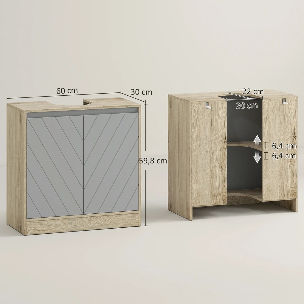 HOMCOM Podskříňková koupelnová skříňka volně stojící s dvojitými dveřmi a nastavitelnou policí Nosnost 50 kg 60x30x59,8 cm Dub a Šedá