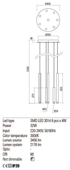 Redo 01-2053 - LED Lustr na lanku MADISON 8xLED/4W/230V lesklý chrom/černá/měď