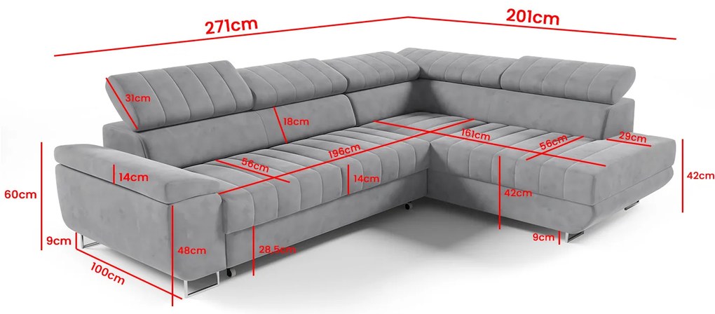 Rohová rozkládací sedací souprava do L HORIZONTE, 271 cm, s úložným prostorem Roh pohovky: Pravý roh, Barva látky: Tmavě modrá (Fresh 11)