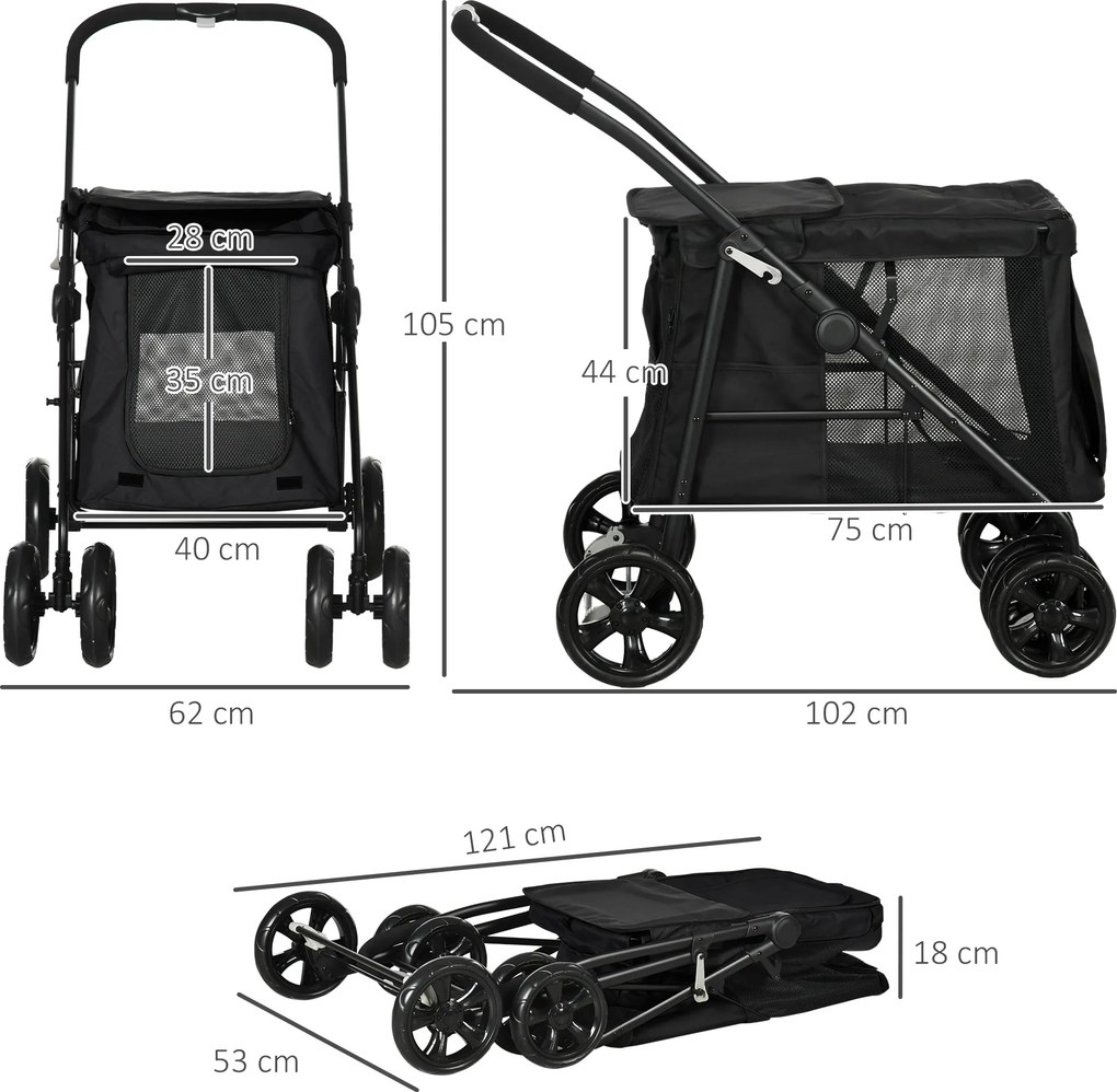 PawHut Vozík pro psy včetně polštáře, 3 boční kapsy, skládací, vozík pro psy, 102 cm x 62 cm x 105 cm, černý