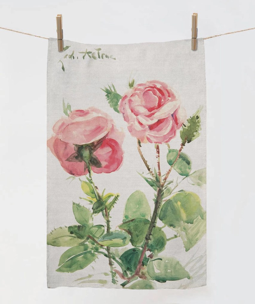 Lenbutik Luxusní lněná utěrka ,70x45 cm - Dvě růže Zacharie Astruc/ Two Roses, Zacharie Astruc
