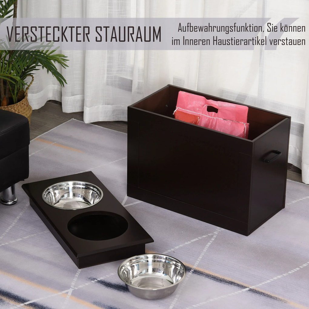 PawHut miska na krmivo pro psy s úložným prostorem 2 misky krmící stanice nerezová miska pro kočky MDF nerezová ocel Espresso 60 x 30 x 41 cm