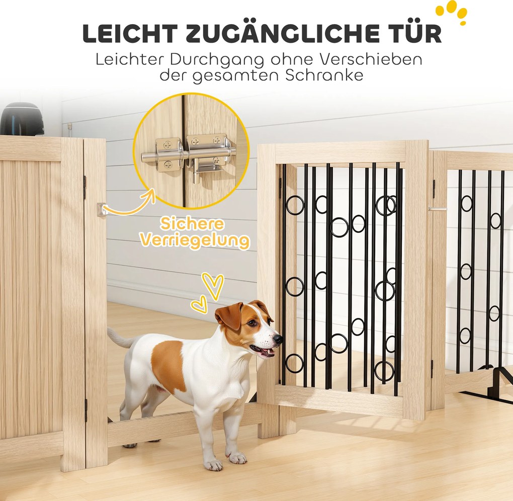 Volně stojící branka pro domácí mazlíčky, branka pro psy s dvířky, 4 panely, pro chodbu, schodiště, zárubeň, MDF, ocel
