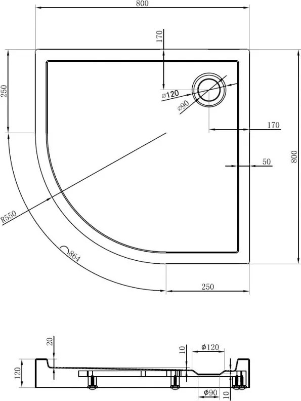 Mexen Flow+ čtvrtkruhová sprchová vanička 80 x 80 cm, bílá lesklá, 46Q108080H