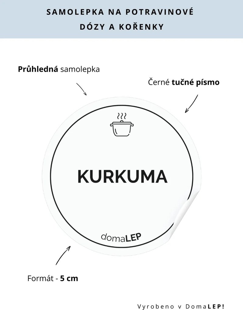 Samolepka na kořenky KURKUMA průhledná 5 cm tučné písmo