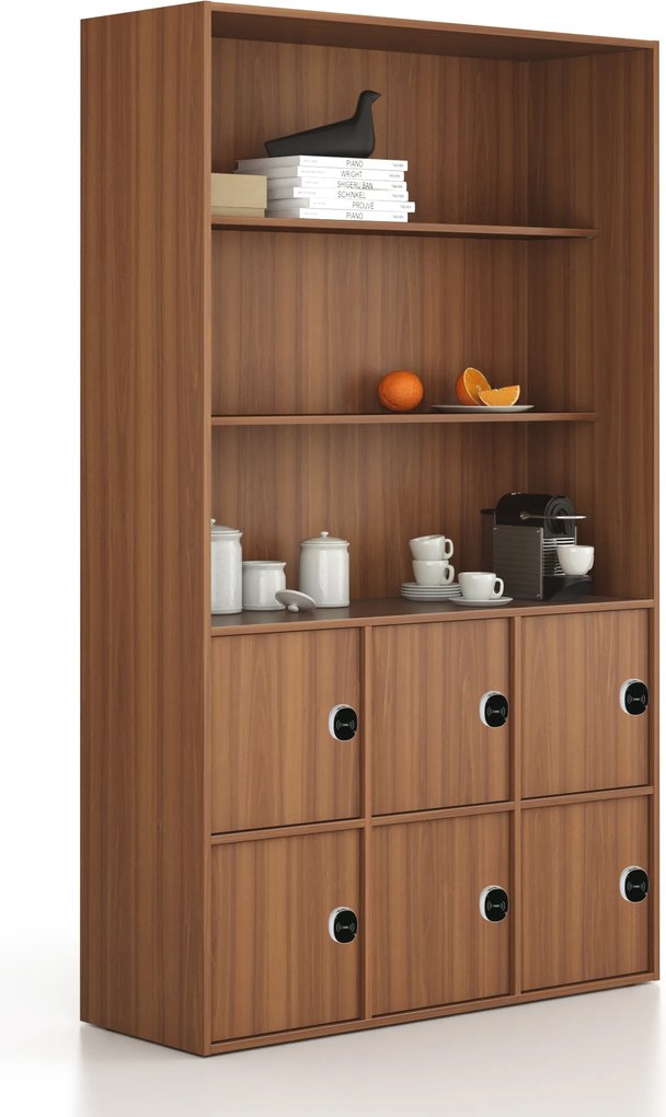 Kancelářská skříň FRAME, 6x dveře, 2x police, 1299 x 450 x 2162 mm, RFID zámek, ořech