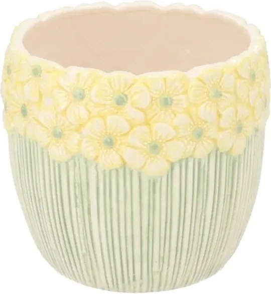 Žluto-zelený obal na květináč s reliéfem květů Jane Flower - Ø 15*13 cm