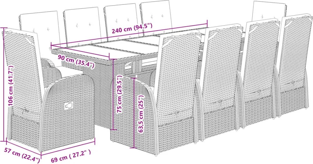 11dílný zahradní jídelní set s poduškami šedý polyratan 3277604